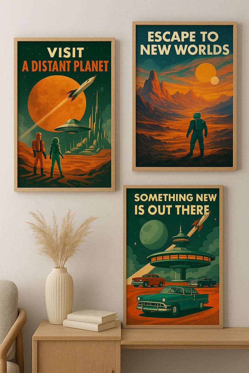 Retro Space Travel Poster Set – Printable Wall Art, Mid Century Sci-fi ...