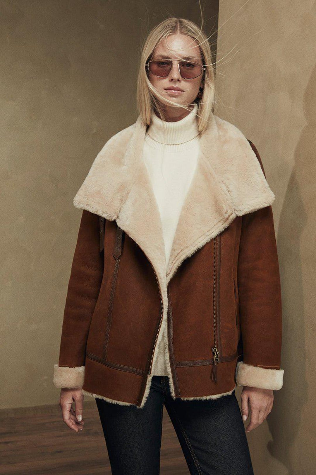 Genuine Shearling Sheepskin Leather Jacket - Women's Luxury Whisky ...