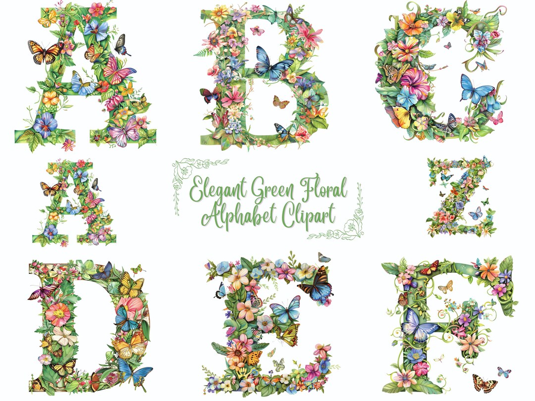 Clipart Alphabet Collection, Emerald Green Monogram PNG, Butterfly ...