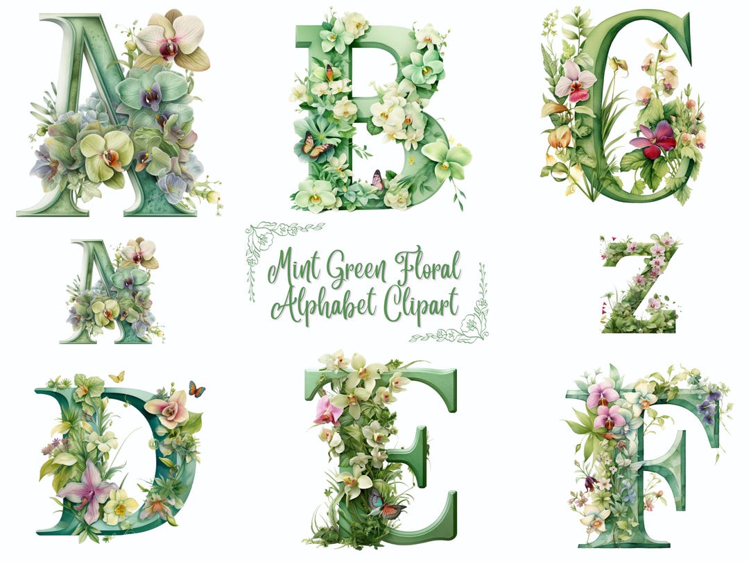 Floral Alphabet Clipart, Sage Green Watercolor Letters A-Z, Green ...