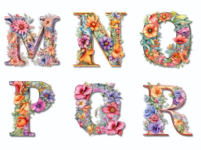 Clipart Alphabet Collection, Rustic Spring Flower Alphabet, Boho Floral ...