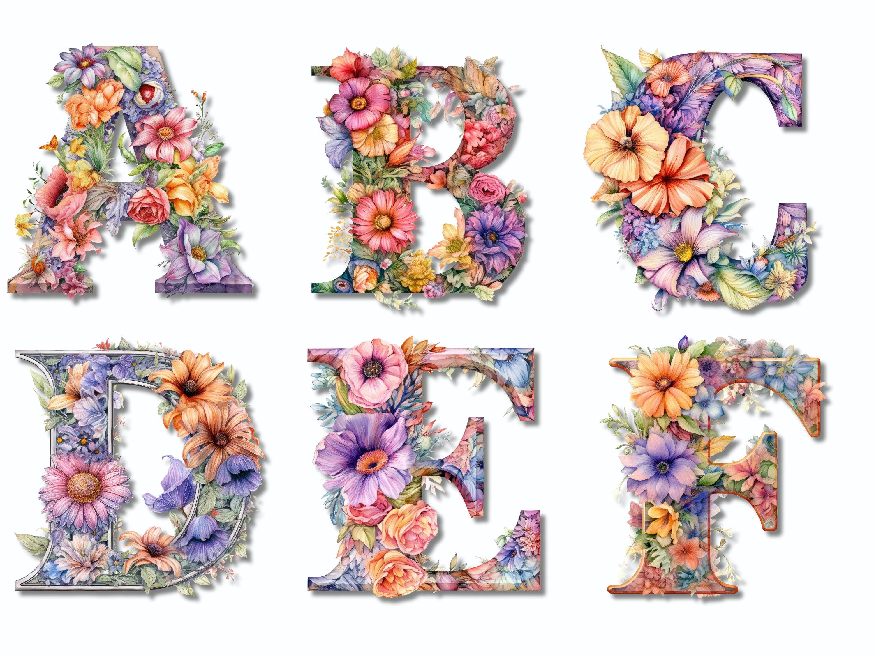 Clipart Alphabet Collection, Rustic Spring Flower Alphabet, Boho Floral ...