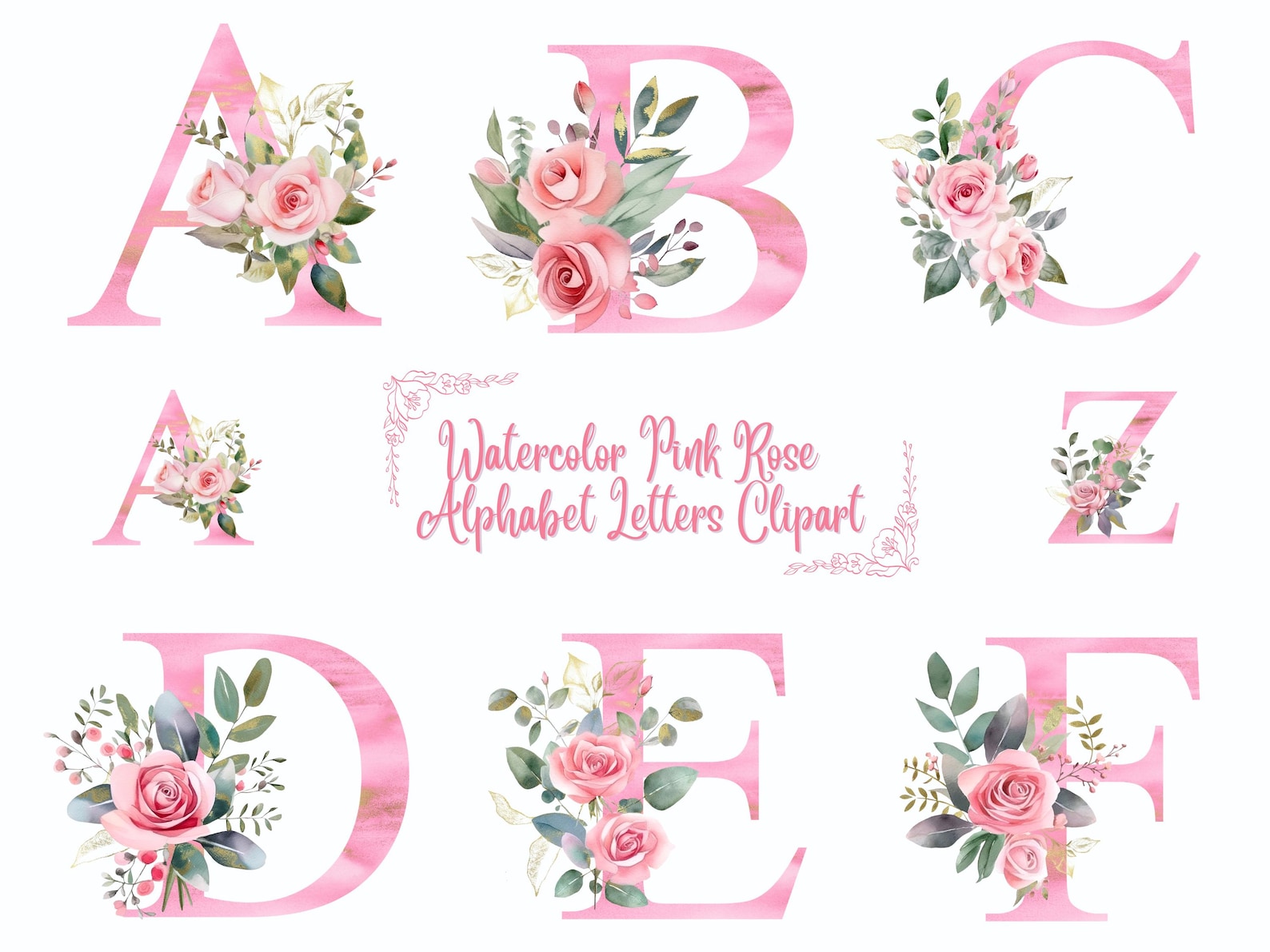 Pink Alphabet Clipart, Blush Pink Alphabet Png, Watercolor Alphabet A–Z ...