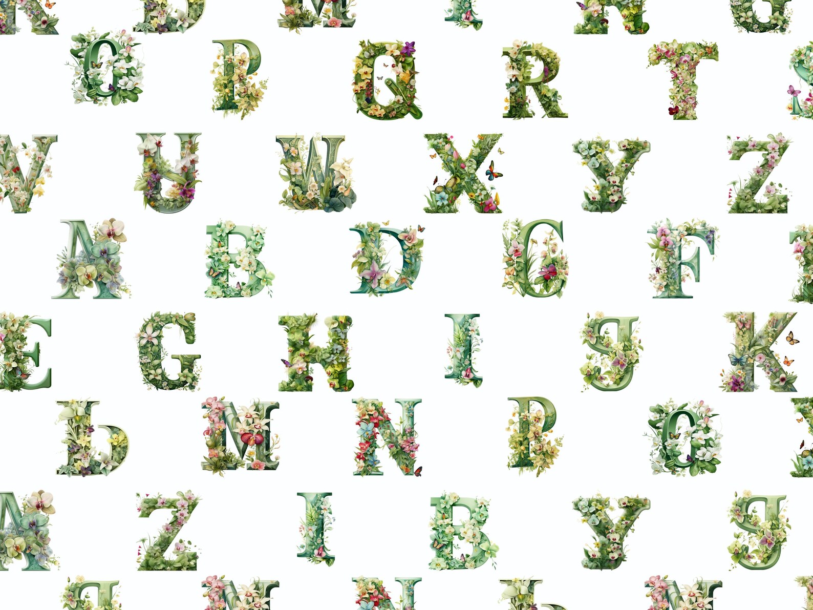 Floral Alphabet Clipart, Sage Green Watercolor Letters A-Z, Green ...
