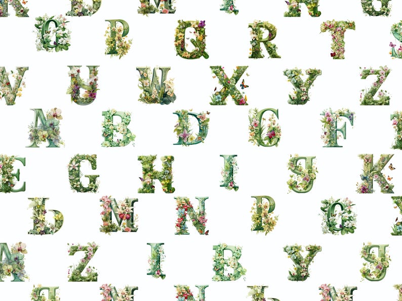 Floral Alphabet Clipart, Sage Green Watercolor Letters A-Z, Green ...