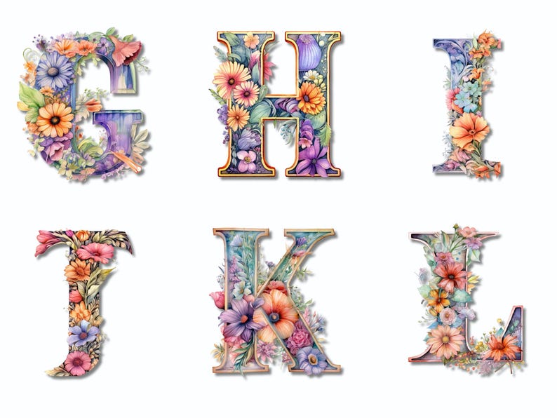 Clipart Alphabet Collection, Rustic Spring Flower Alphabet, Boho Floral ...