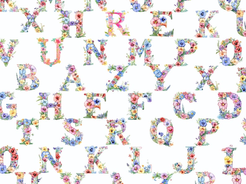 Floral Alphabet Clipart, Watercolor Flower Letters A-Z PNG Bundle ...