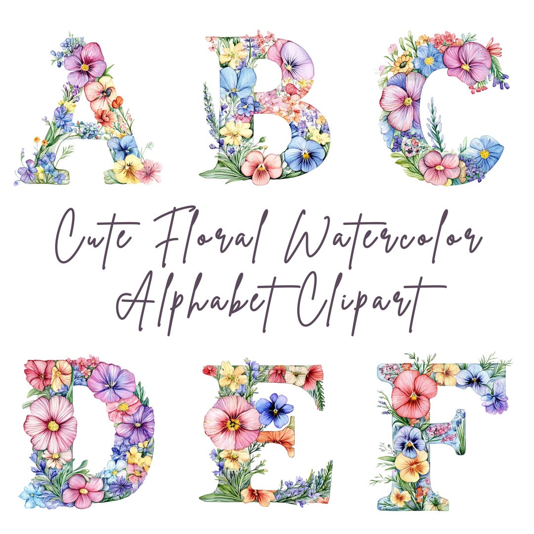 Floral Alphabet Clipart, Watercolor Flower Letters A-Z PNG Bundle ...