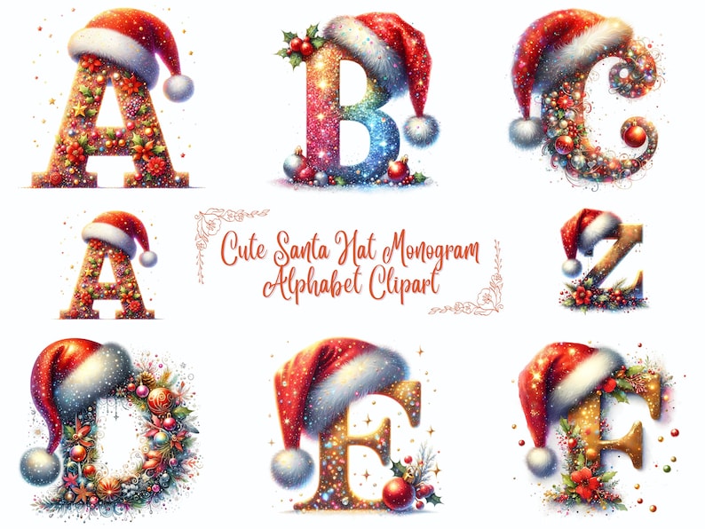 Christmas Clipart Alphabet, Christmas Font Letters Clipart, Santa Hat ...