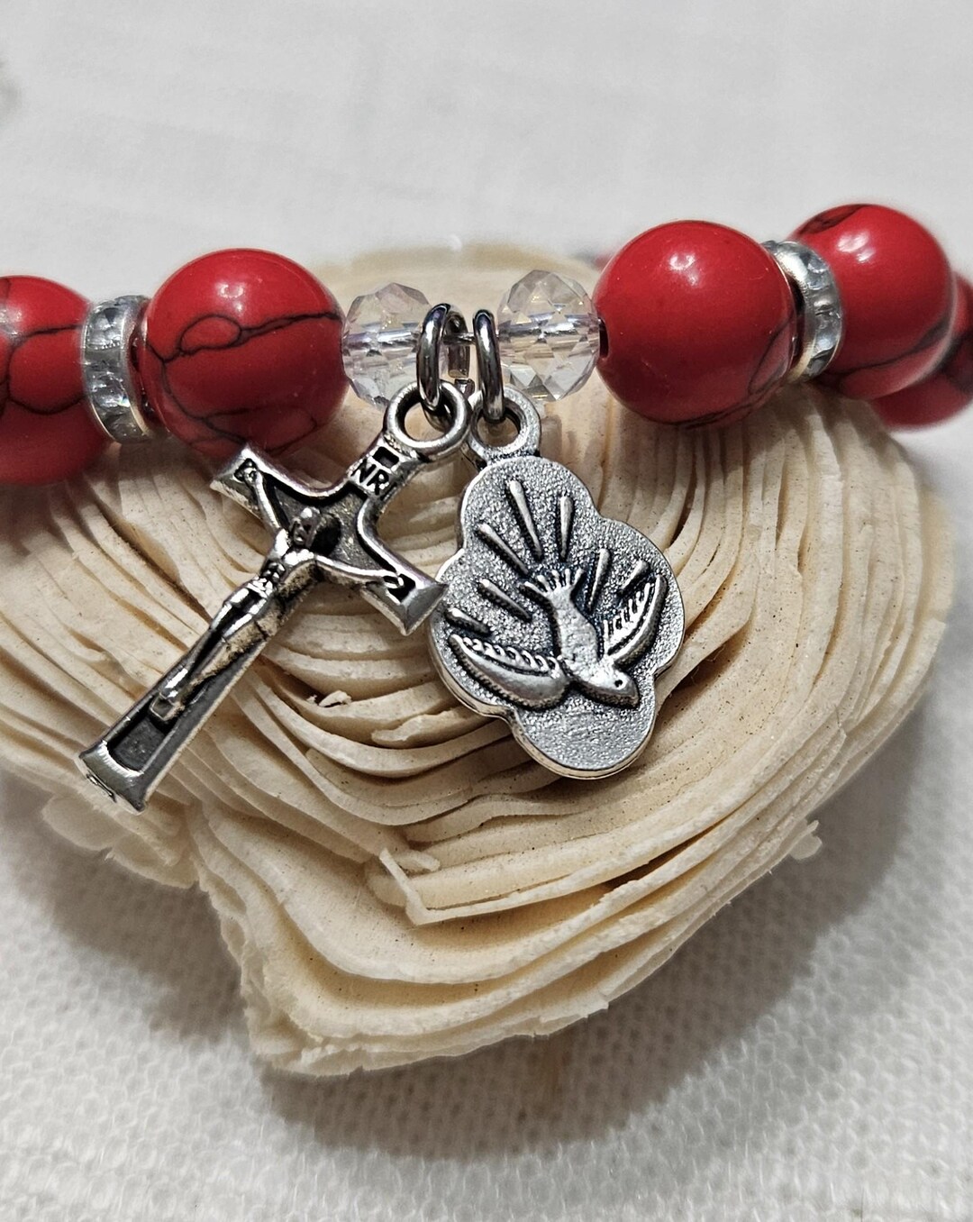 Holy Spirit Bracelet, Red Turquoise Beads With Silver Medal and ...