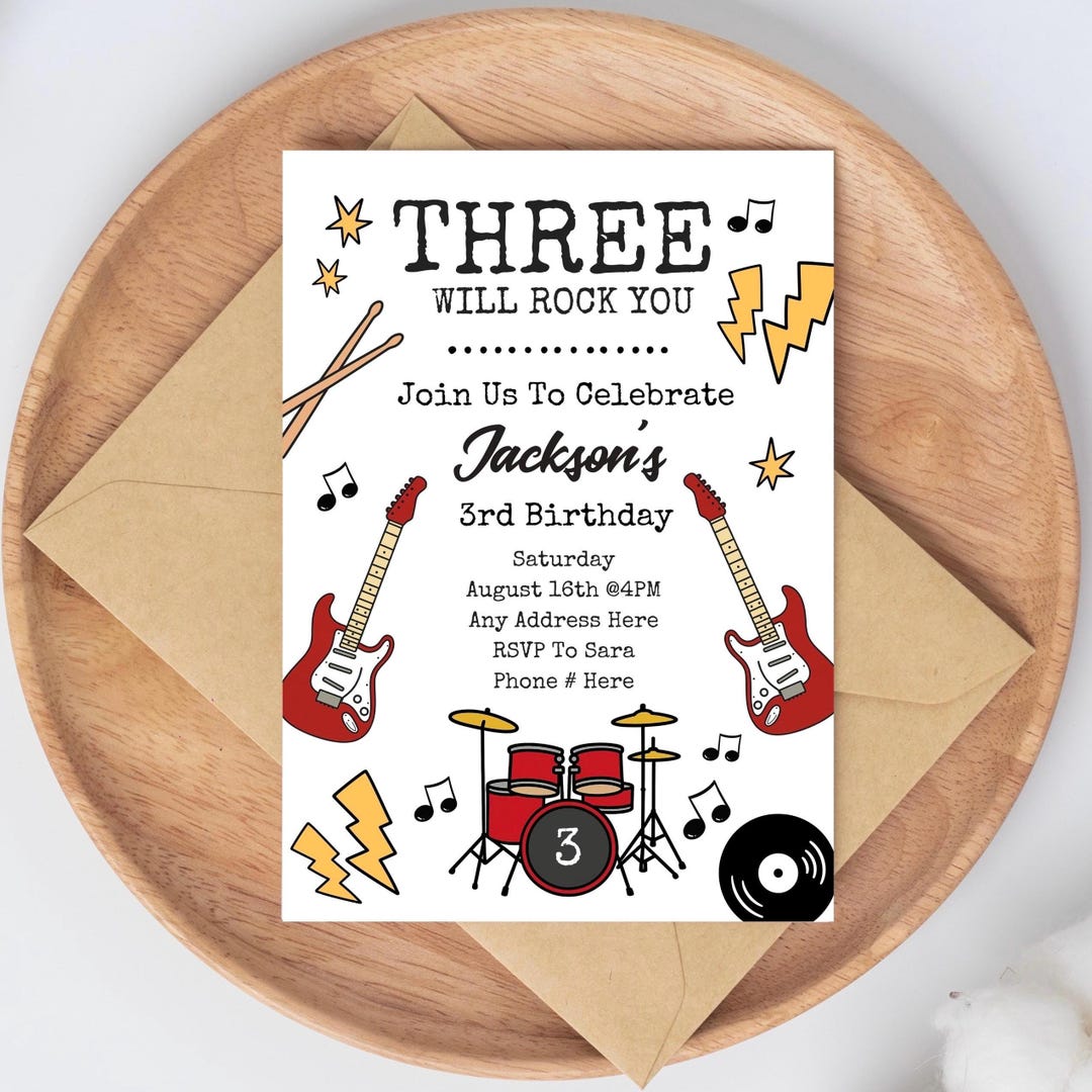 Rockstar “three Will Rock You” Invitation Set | Guitar Theme 3rd ...