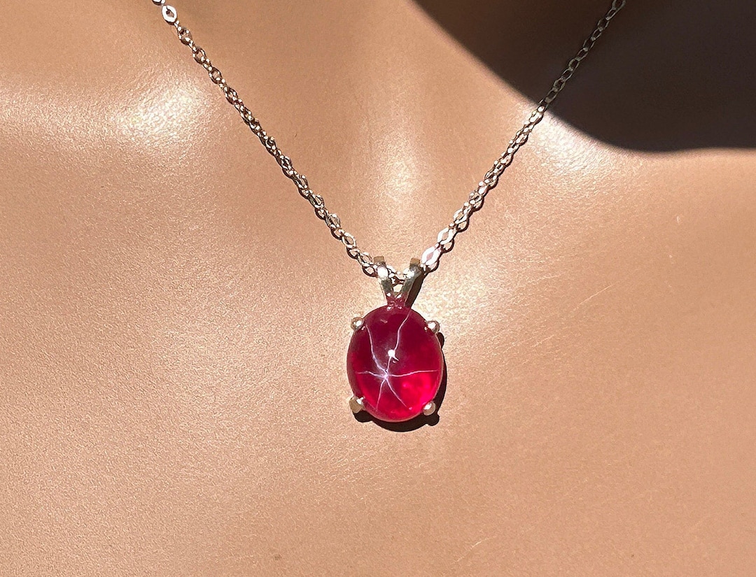 Clear Hot Pink to Red Star Ruby Pendant Necklace/ Lab Grown / 7.25 Ct ...