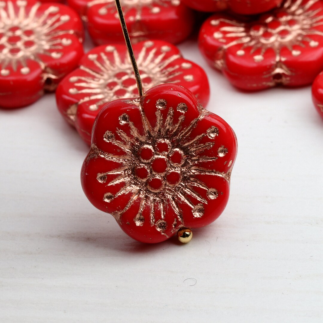 18mm Red Czech Glass Beads Pressed Glass Flower Beads 18mm Opaque 4pcs ...
