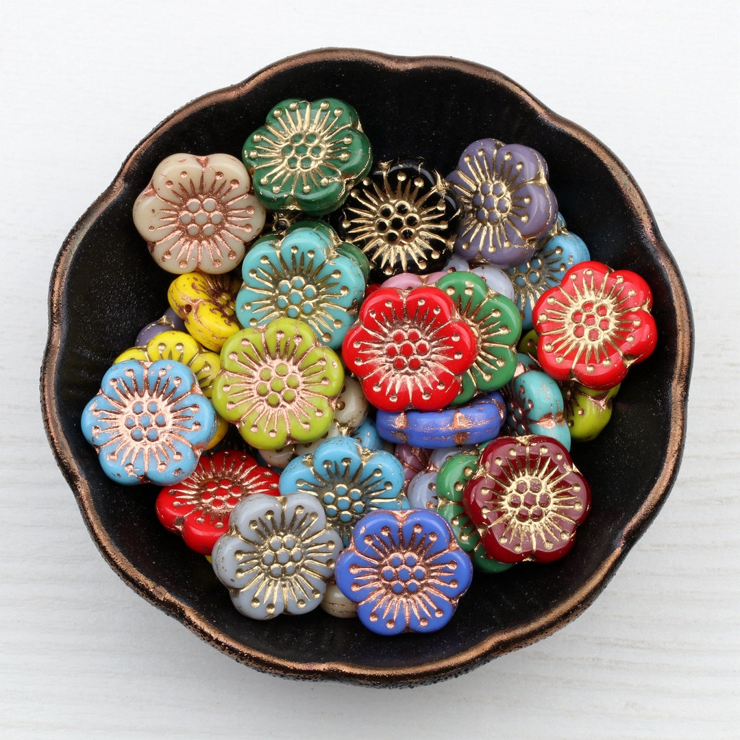 18mm Czech Glass Beads Pressed Glass Flower Beads 18mm Opaque 20 Colors ...