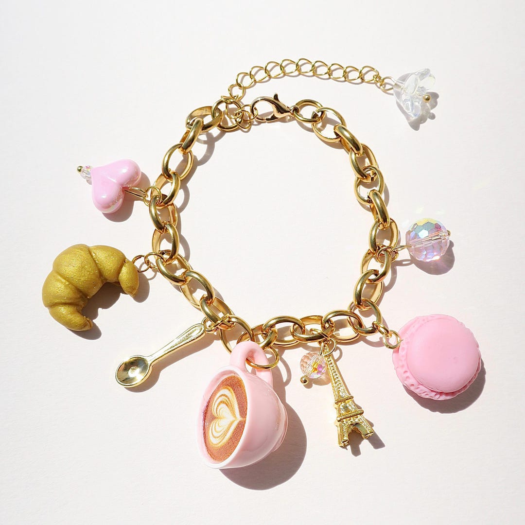 Paris Charm Handmade Bracelet: Macaron, Croissant, & Latte Charms - Etsy