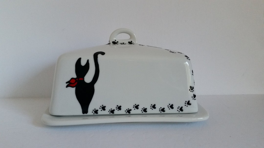 Handpainted Black Cat & Paw Pints on Ceramic Butter Dish - Etsy