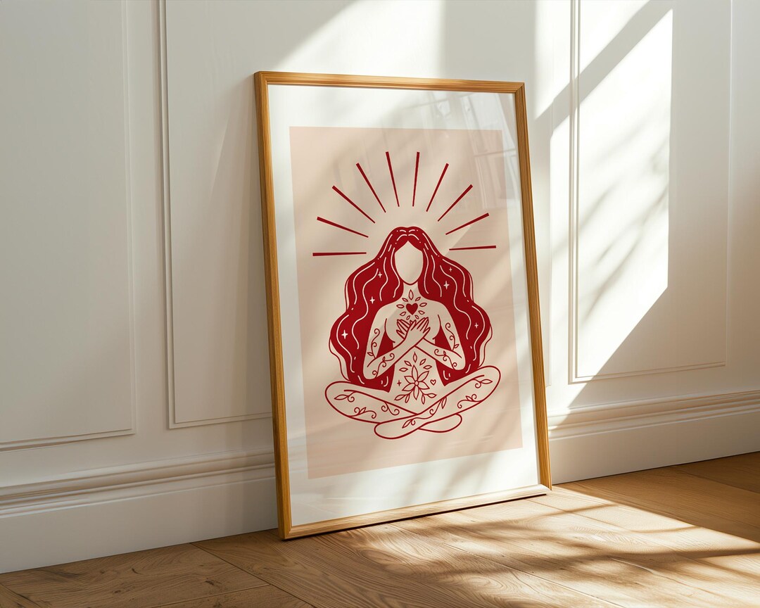 Red Meditation Poster: Yoga Mindfulness Line Art Boho Wall Art One ...