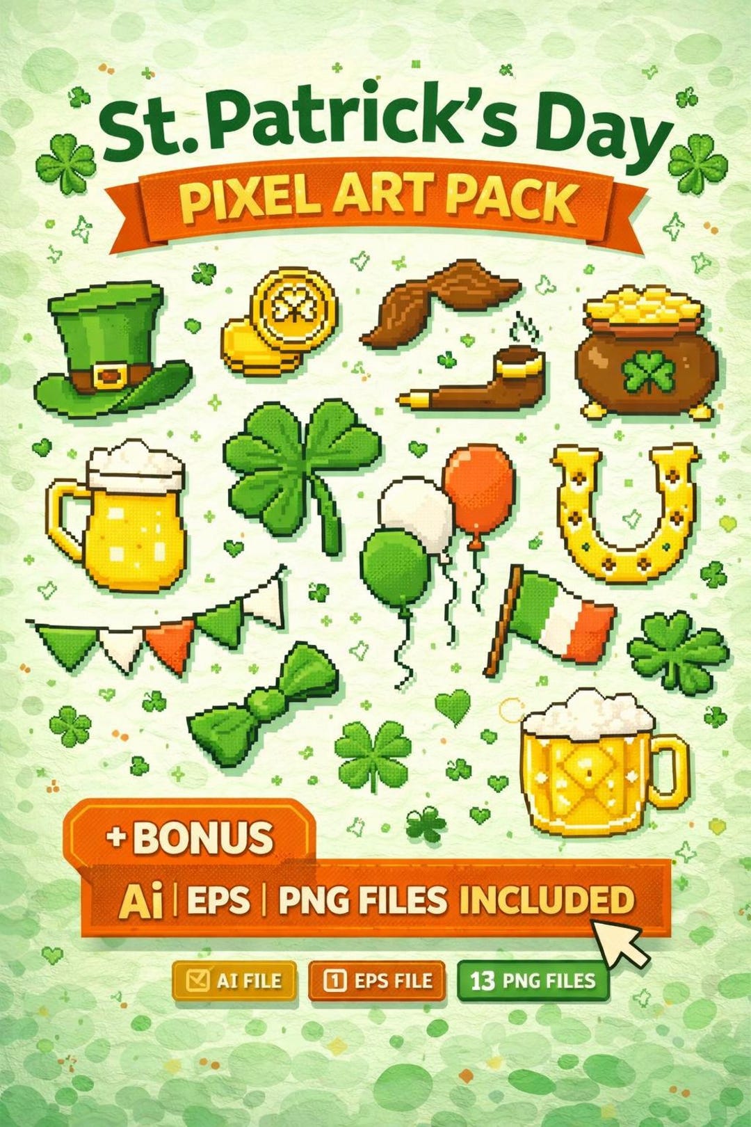 St Patrick's Day Pixel Art Clipart, Retro Irish Graphics (AI EPS PNG ...