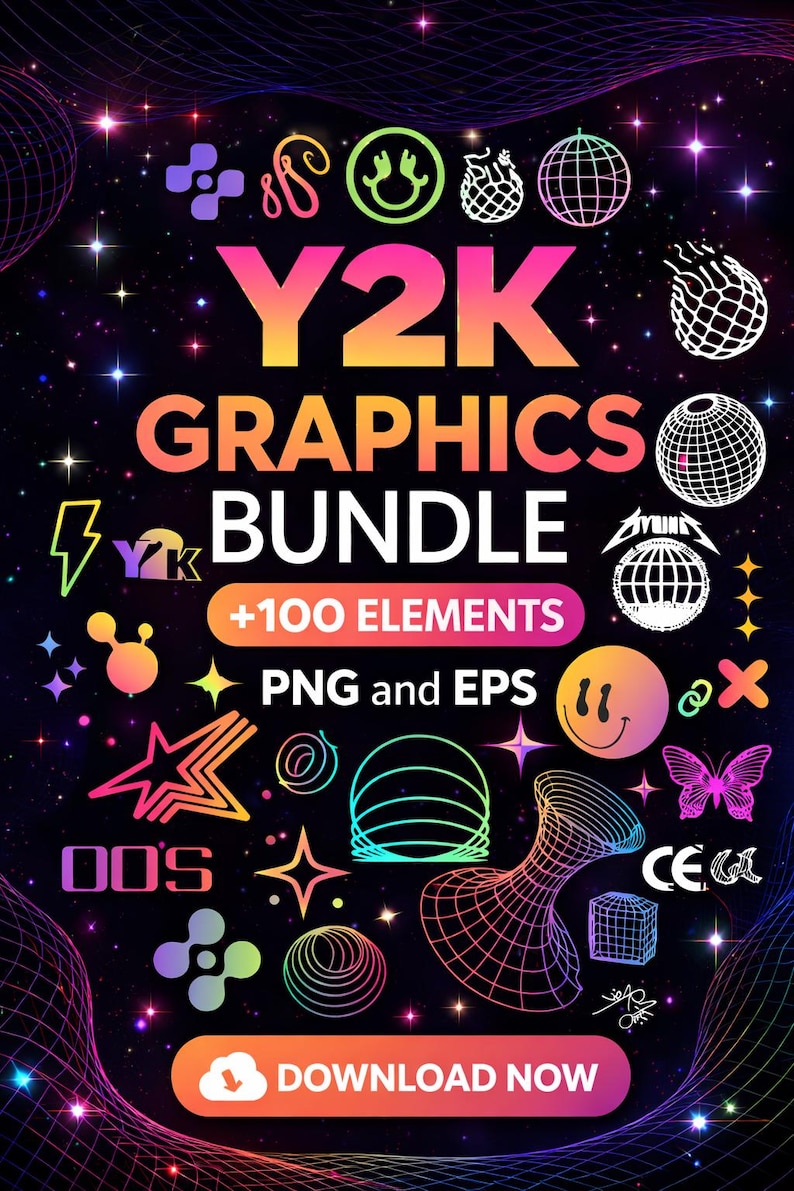 Y2K Graphics Bundle With Over 100 Trendy Elements PNG EPS Format for ...