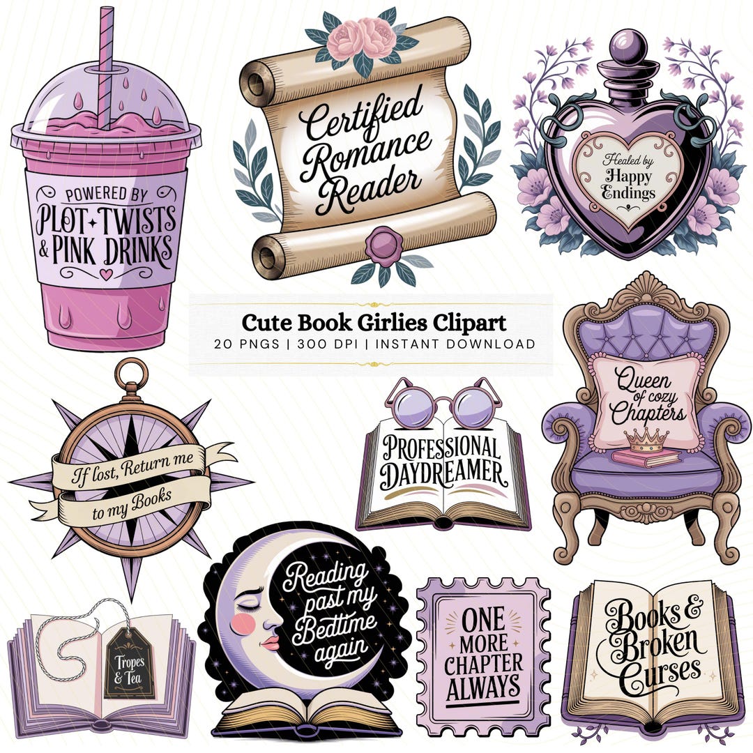 Cute Book Girlies 2 Clipart Bundle | Bookish Aesthetic Digital Stickers ...