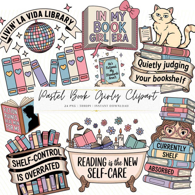 Pastel Book Girlies Clipart Bundle: Bookish PNG Stickers (digital ...