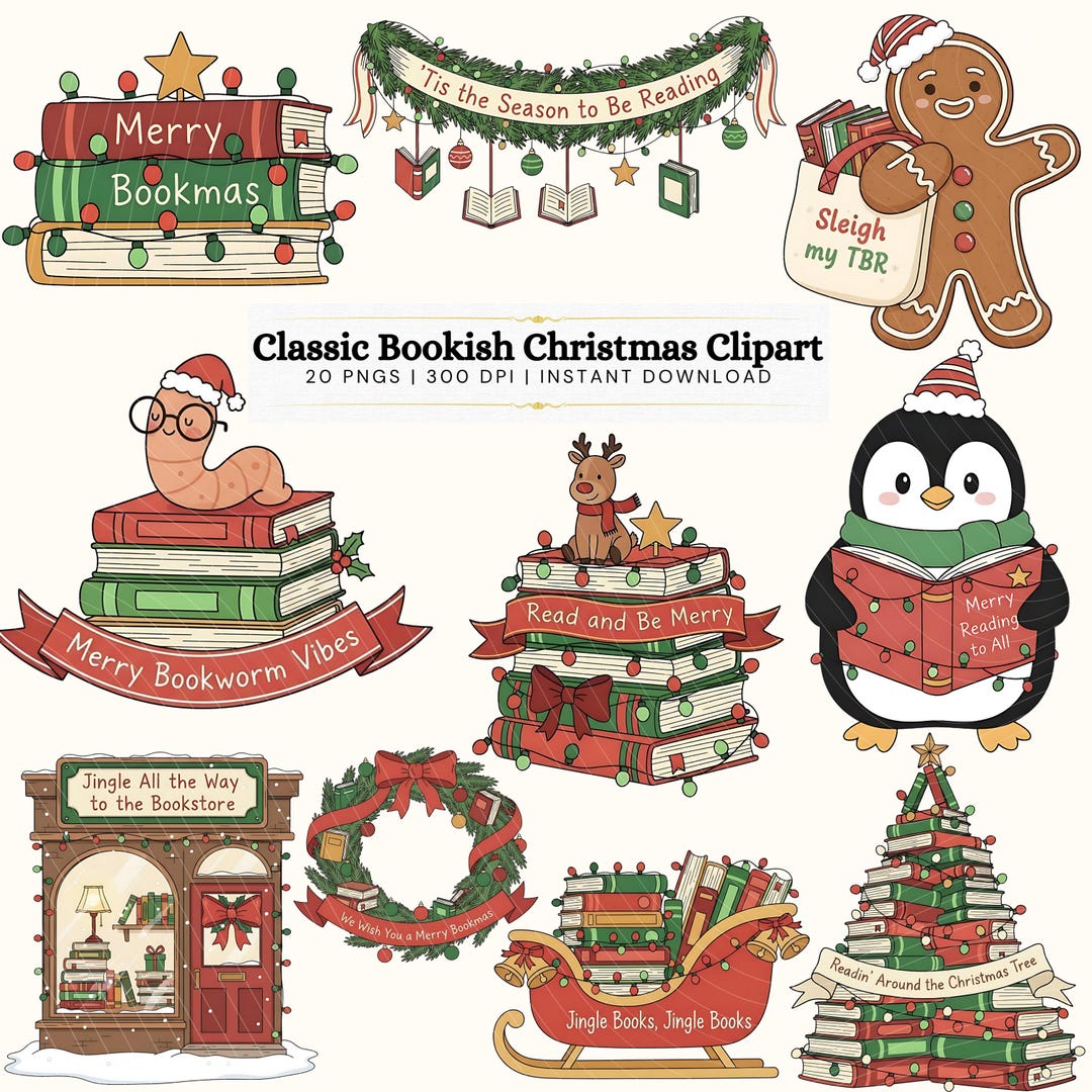 Bookish Christmas Clipart Set: Holiday Reading PNG Bundle (digital ...