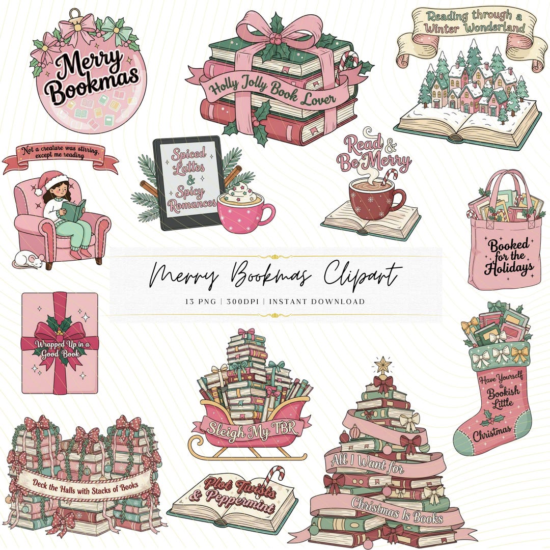 Merry Bookmas Clipart Set: Christmas Bookish PNG Bundle (digital ...