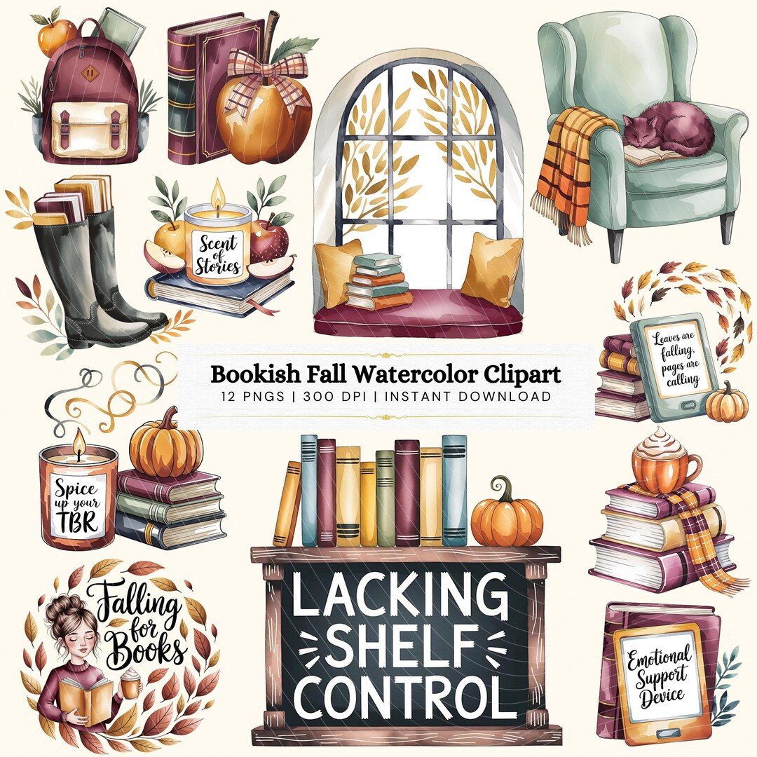 Fall Bookish Watercolor Clipart Set: Cozy Autumn PNG Bundle (digital ...