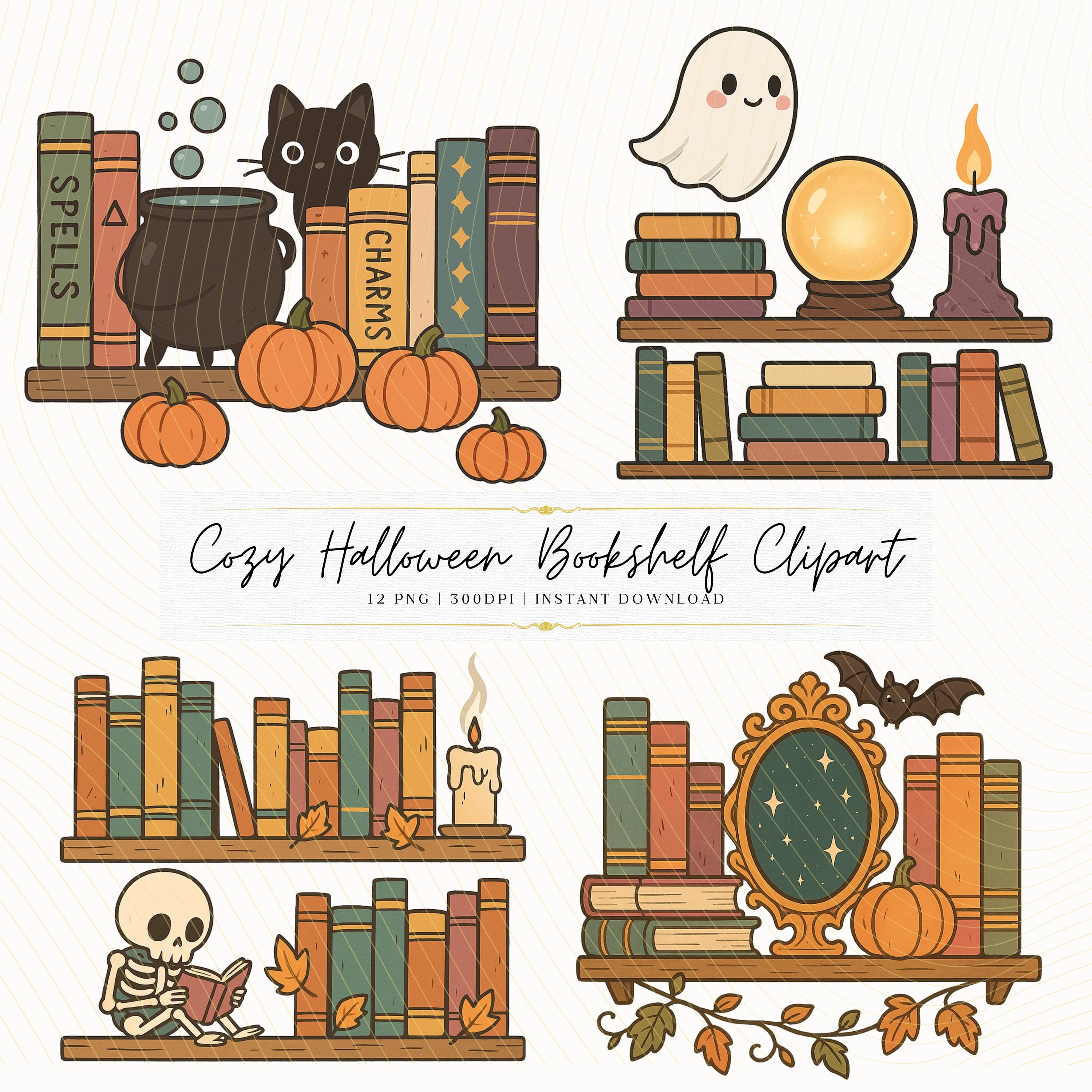Halloween Bookshelf Clipart PNG Pack: Witchy Ghost, Pumpkin Art ...