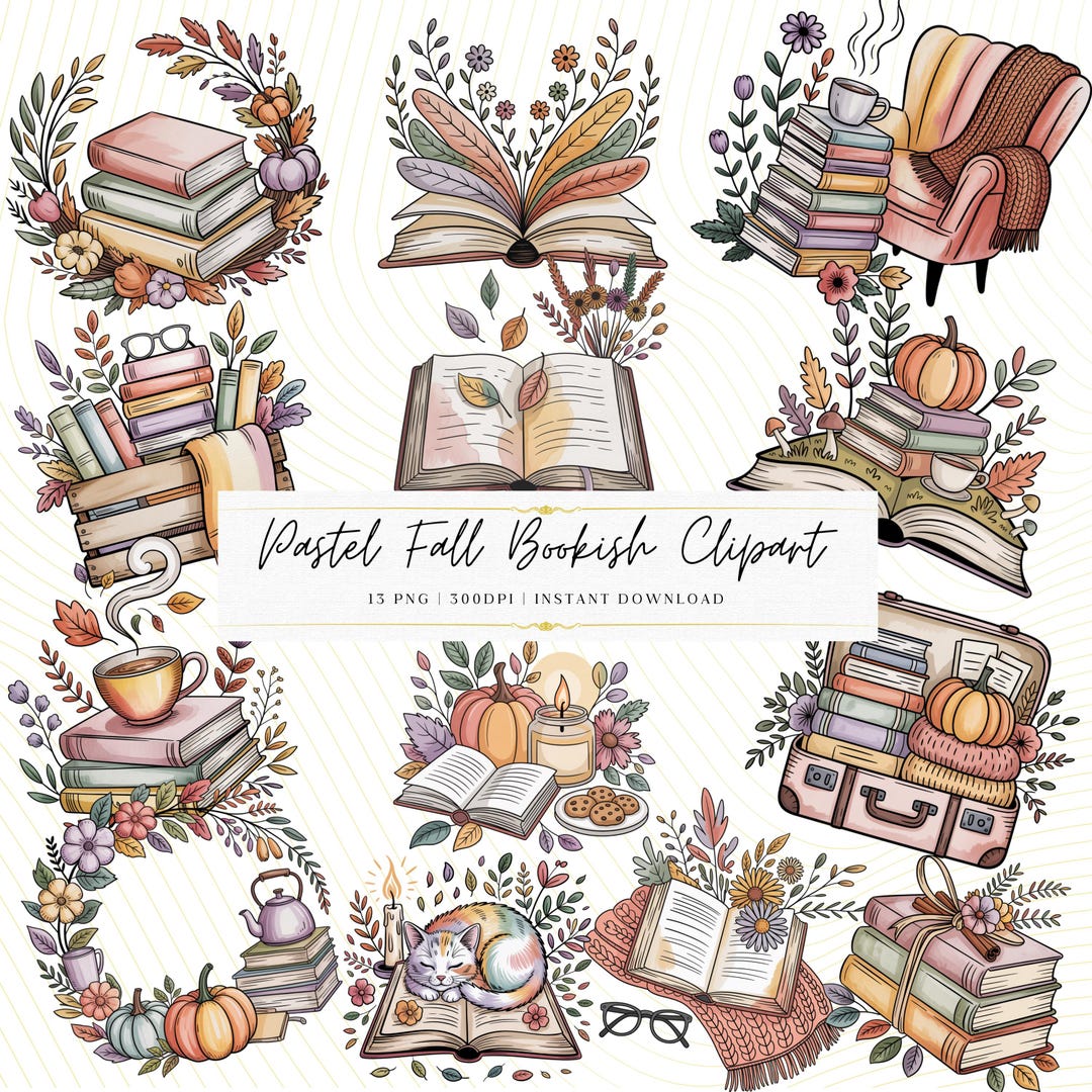 Pastel Fall Book Clipart: Cozy Autumn PNG Bundle (300 DPI) - Etsy