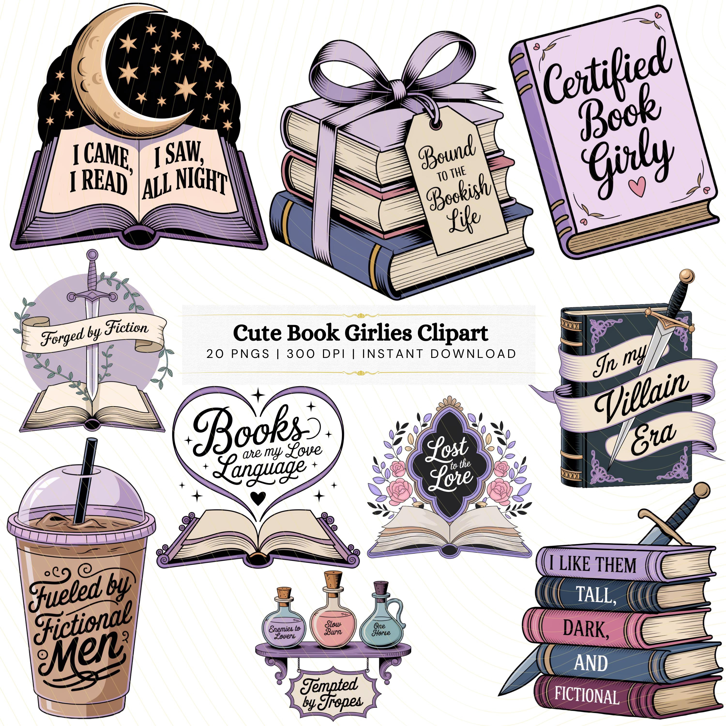 Cute Book Girlies 2 Clipart Bundle | Bookish Aesthetic Digital Stickers ...