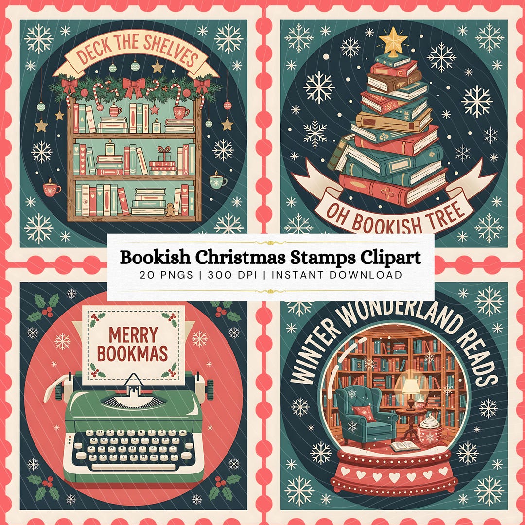 Bookish Christmas Stamp Clipart Set: Holiday Reading PNG (digital ...