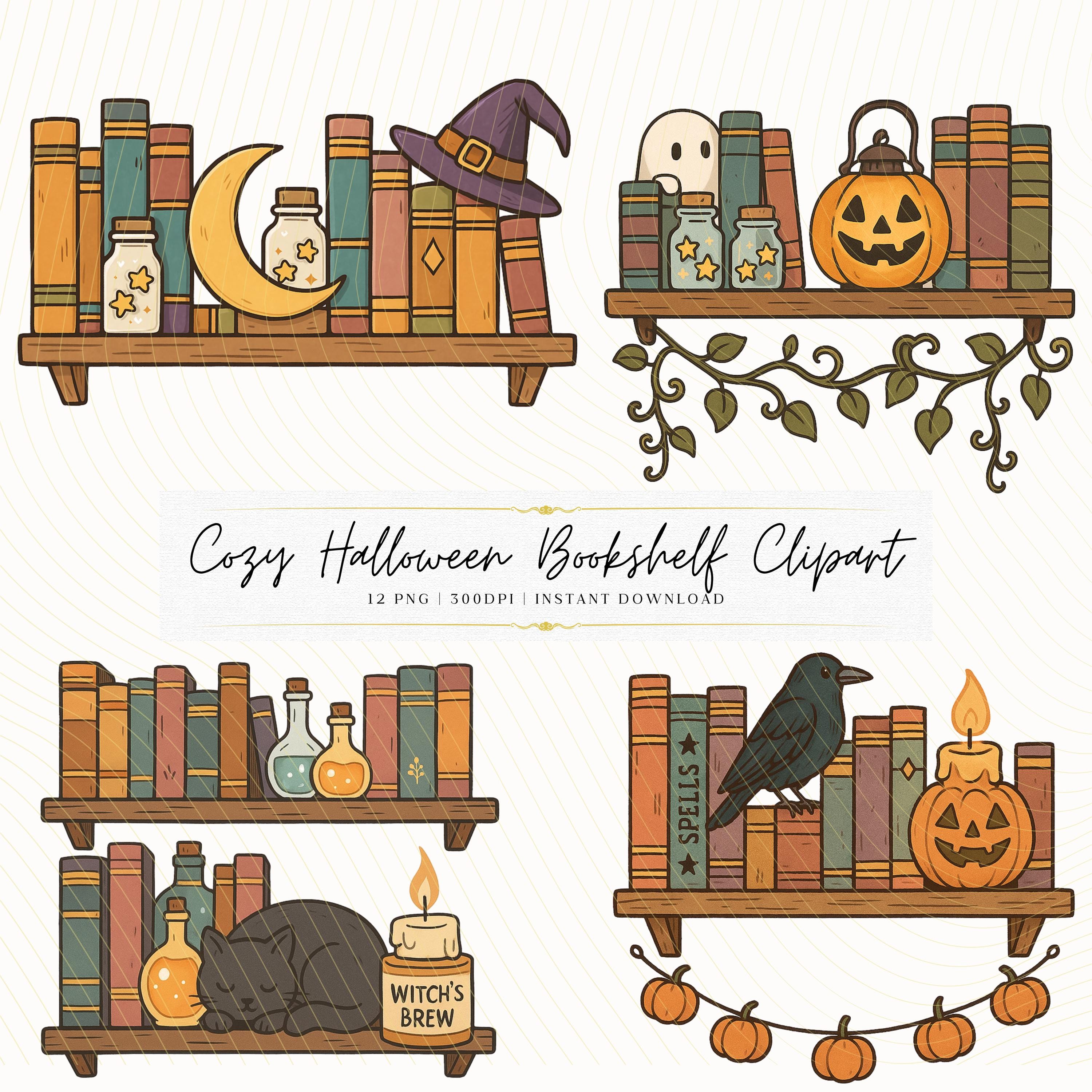 Halloween Bookshelf Clipart PNG Pack: Witchy Ghost, Pumpkin Art ...