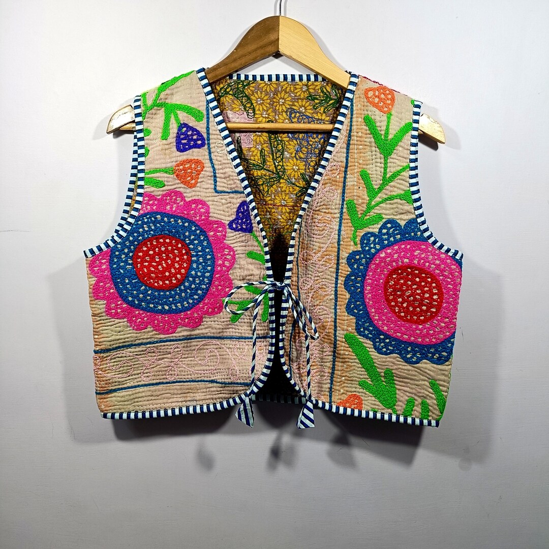 Hand Embroidered Kantha Vest | Upcycled Cotton Quilted Waistcoat - Etsy