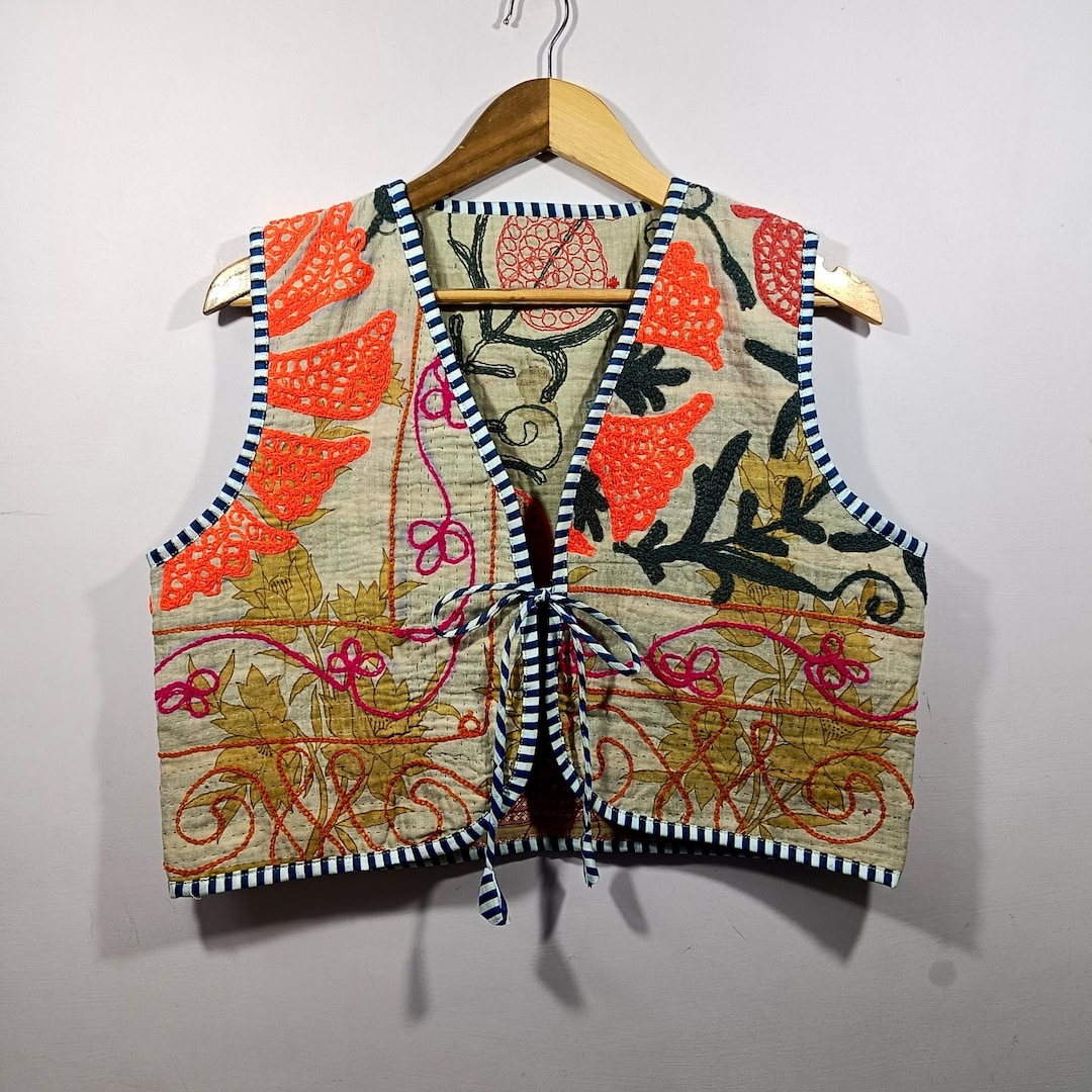 Handmade Kantha Embroidered Vest | Upcycled Cotton Patchwork, Boho Folk ...