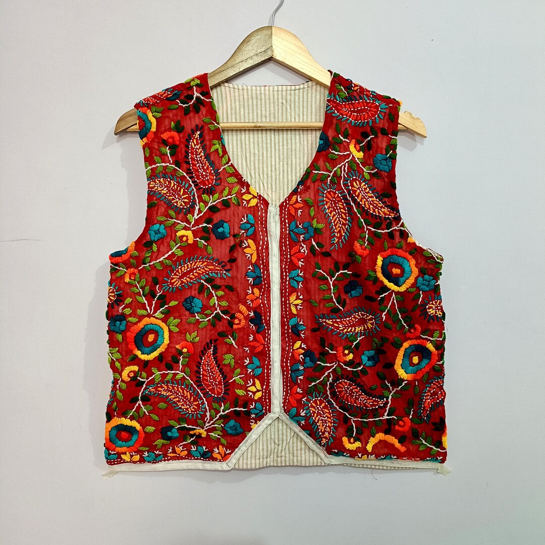 Embroidered Boho Vest | Red Ethnic Mirror Work Waistcoat | Handmade ...