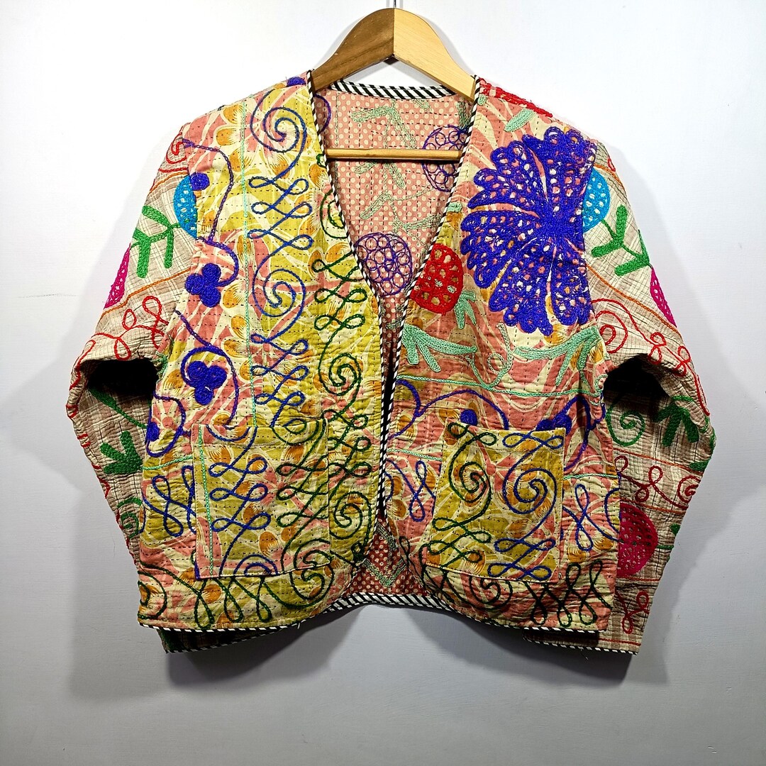 Handmade Kantha Quilted Jacket | Upcycled Cotton, Boho Folk Art - Etsy