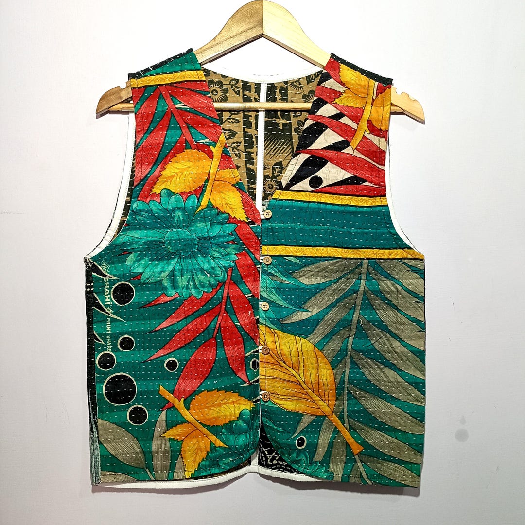 Reversible Floral Kantha Vest: Handmade Vintage Sari Patchwork ...
