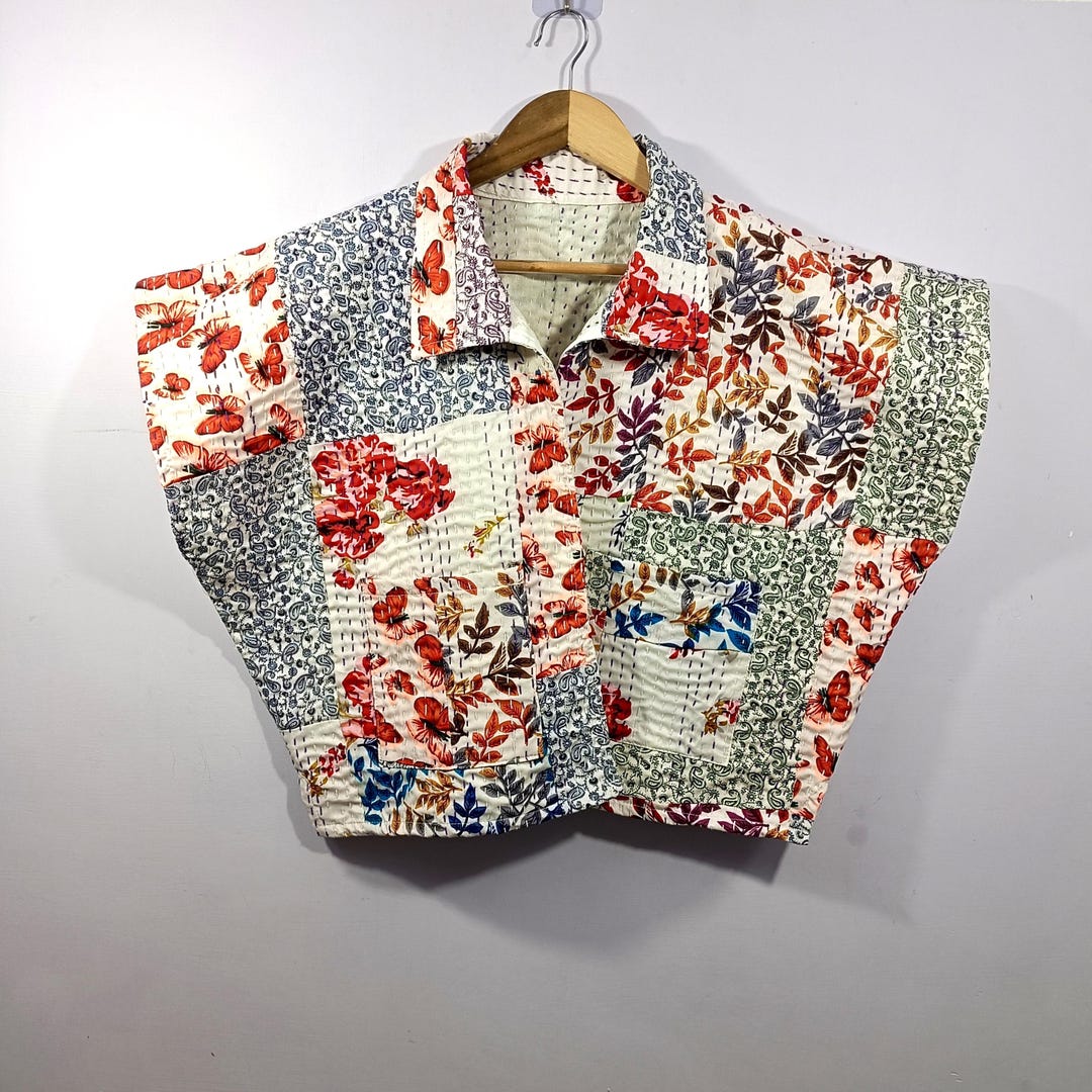 Upcycled Silk Kantha Jacket | Floral Patchwork Boho Quilted Artisan Top ...