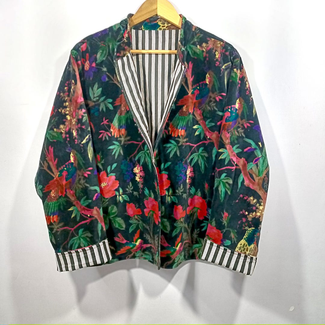 Handmade Velvet Floral Bird Jacket | Boho Open Front Cardigan - Etsy