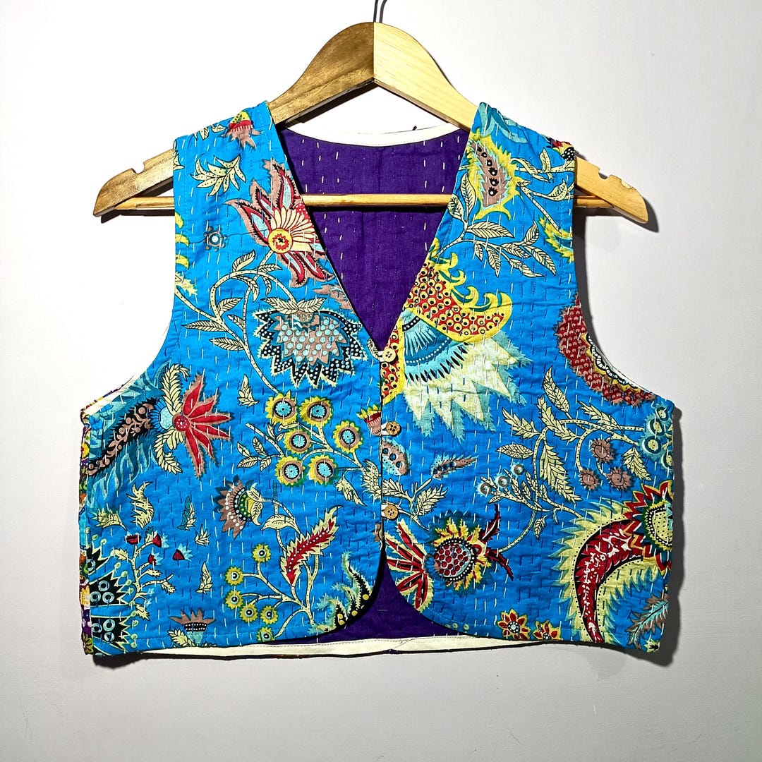 Handmade Reversible Kantha Quilted Vest: Boho Patchwork Cotton ...