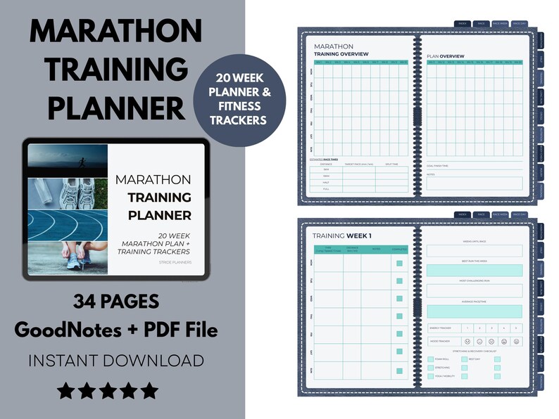20-week Marathon Training Planner: Printable Running Log (digital ...
