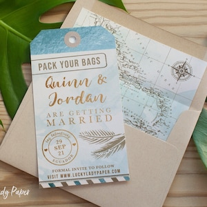 Destination Luggage Tag Shaped Save the Date Tropical Invitation by ...