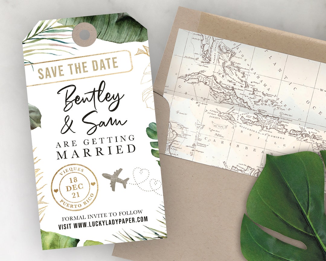 Luggage Tag Shaped Save the Date Destination Wedding Tropical Greenery ...
