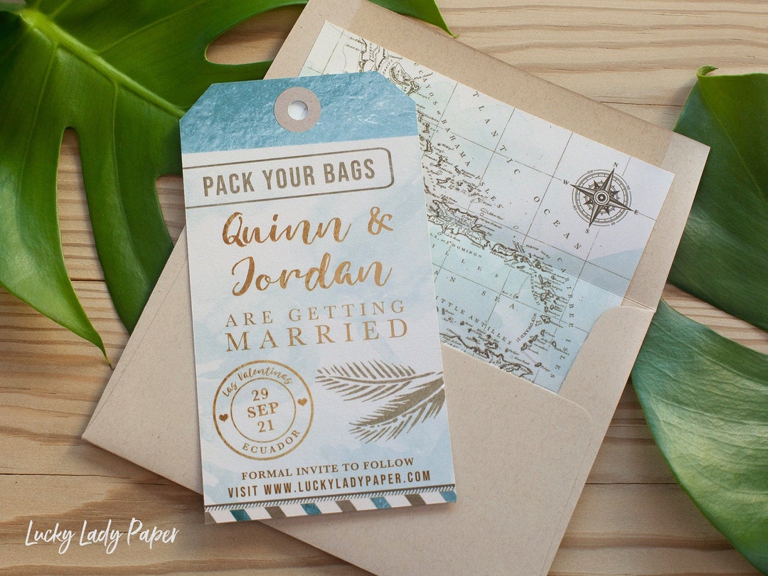 Destination Luggage Tag Shaped Save the Date Tropical Invitation by ...