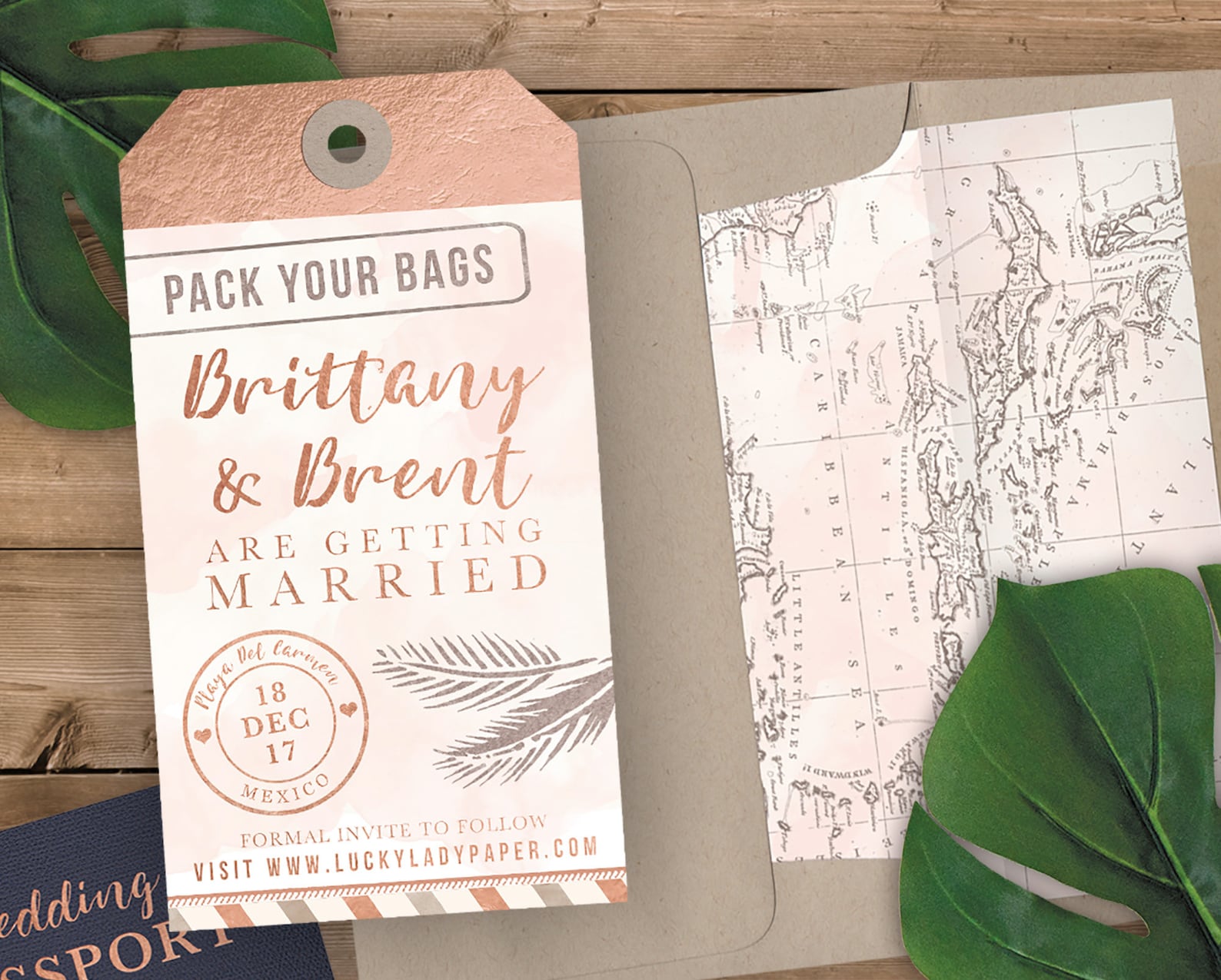 Destination Luggage Tag Shaped Save the Date Tropical Invitation by ...