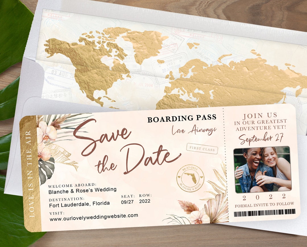Destination Wedding Boarding Pass Photo Save the Date Tropical Gold ...