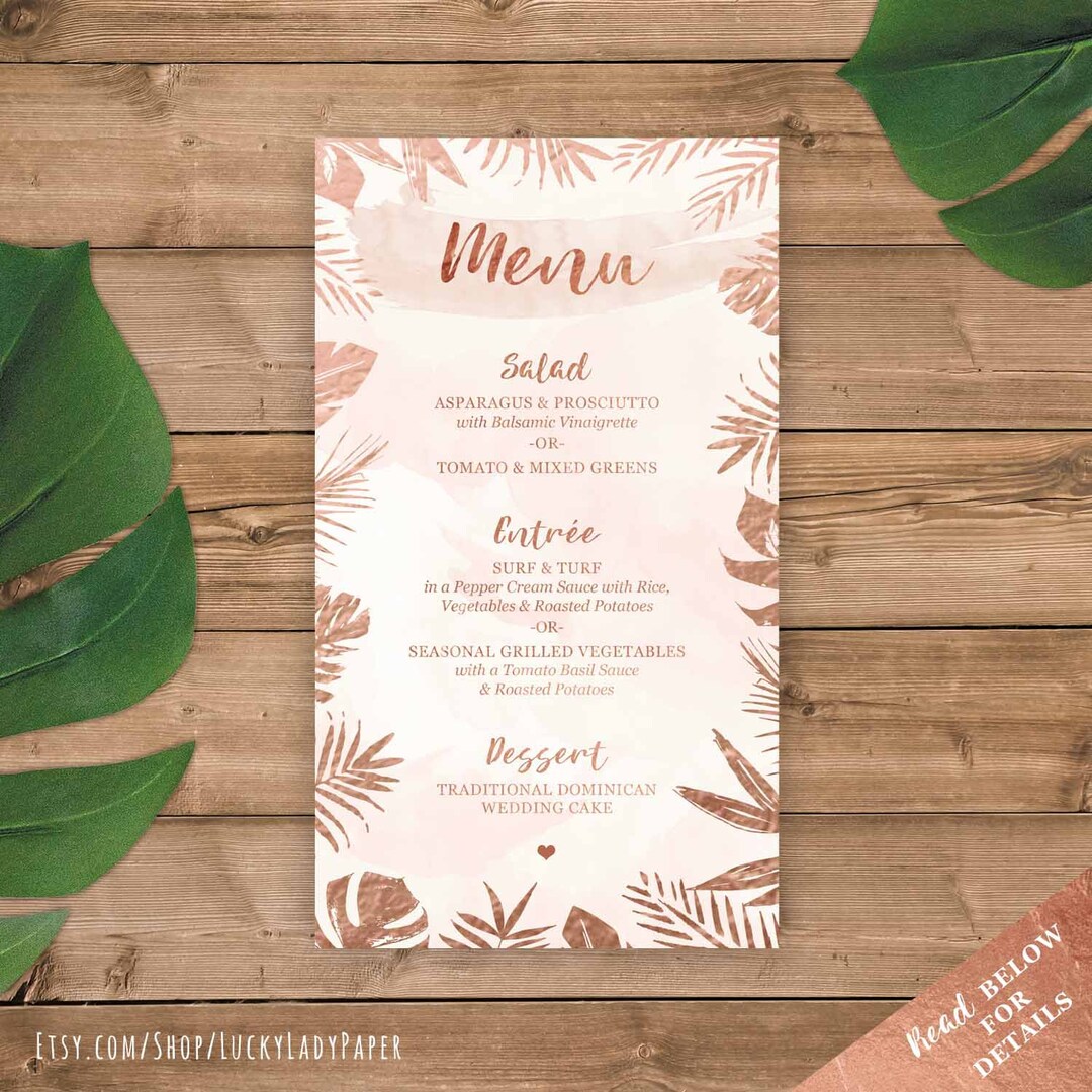 Tropical Paradise Menu Cards in Rose Gold and Blush Watercolor Real ...