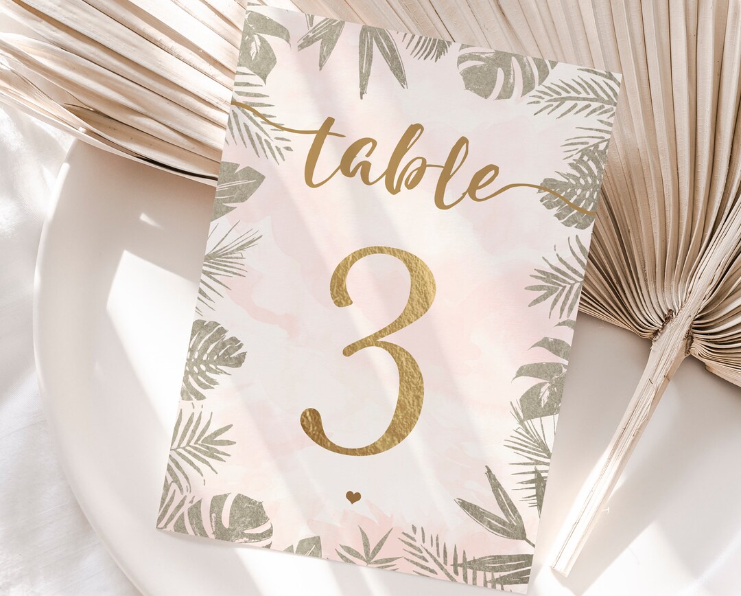 Wedding Table Numbers Tropical Destination Wedding Gold and Blush ...