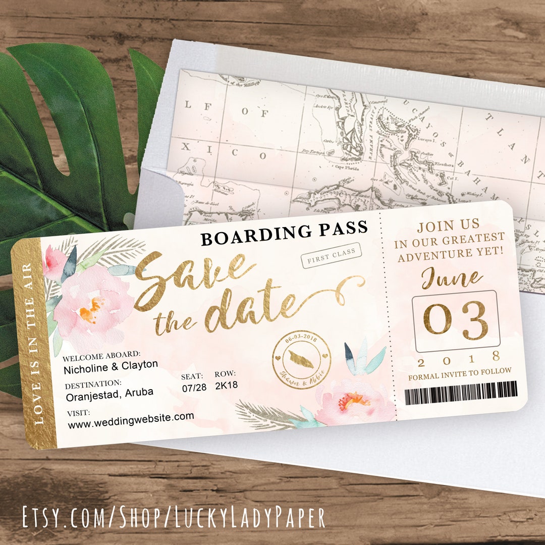 Destination Wedding Boarding Pass Save the Date Invitation in Gold and ...